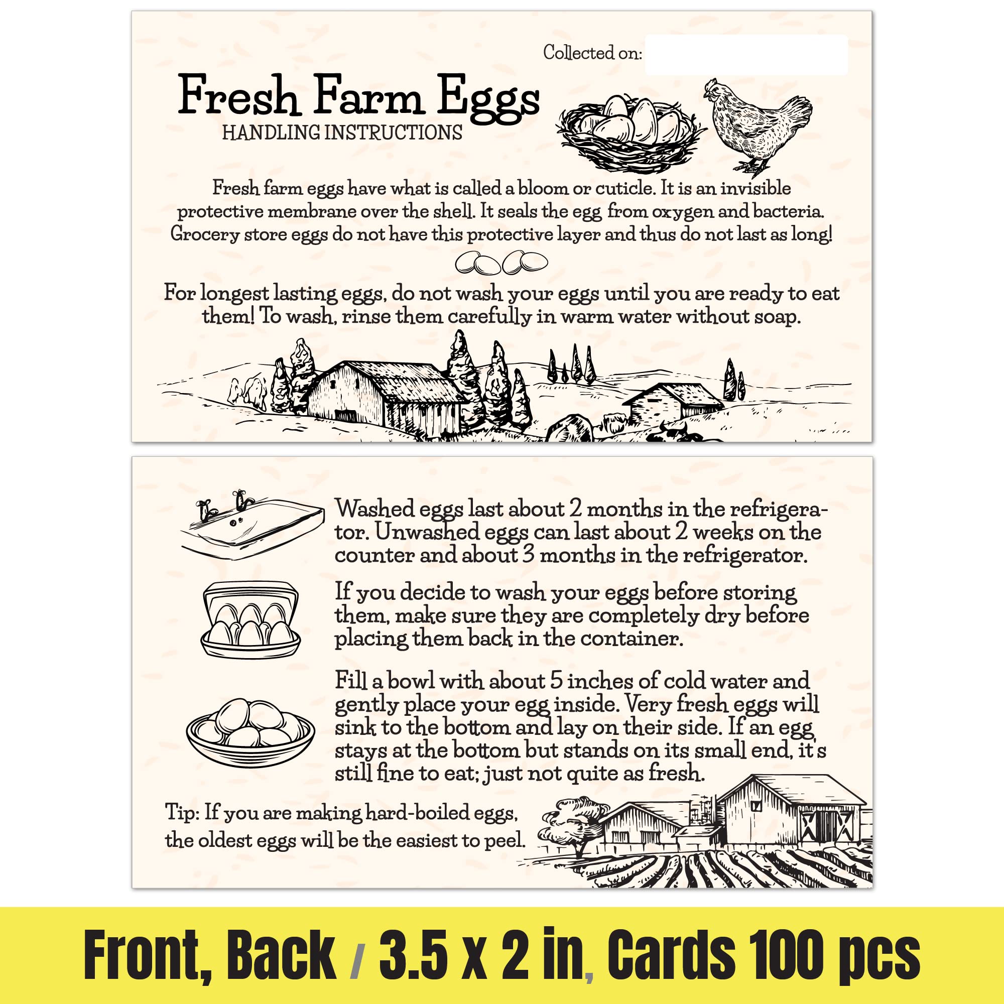 Havongki 100pcs Premium Fresh Farm Eggs Handling Instructions Care Accessories Cards Labels | Egg Blank Cartons 4 6 12 15 18 30 48 50 Count Basket Box Container Storing Extra Organizer (M03-1CH)