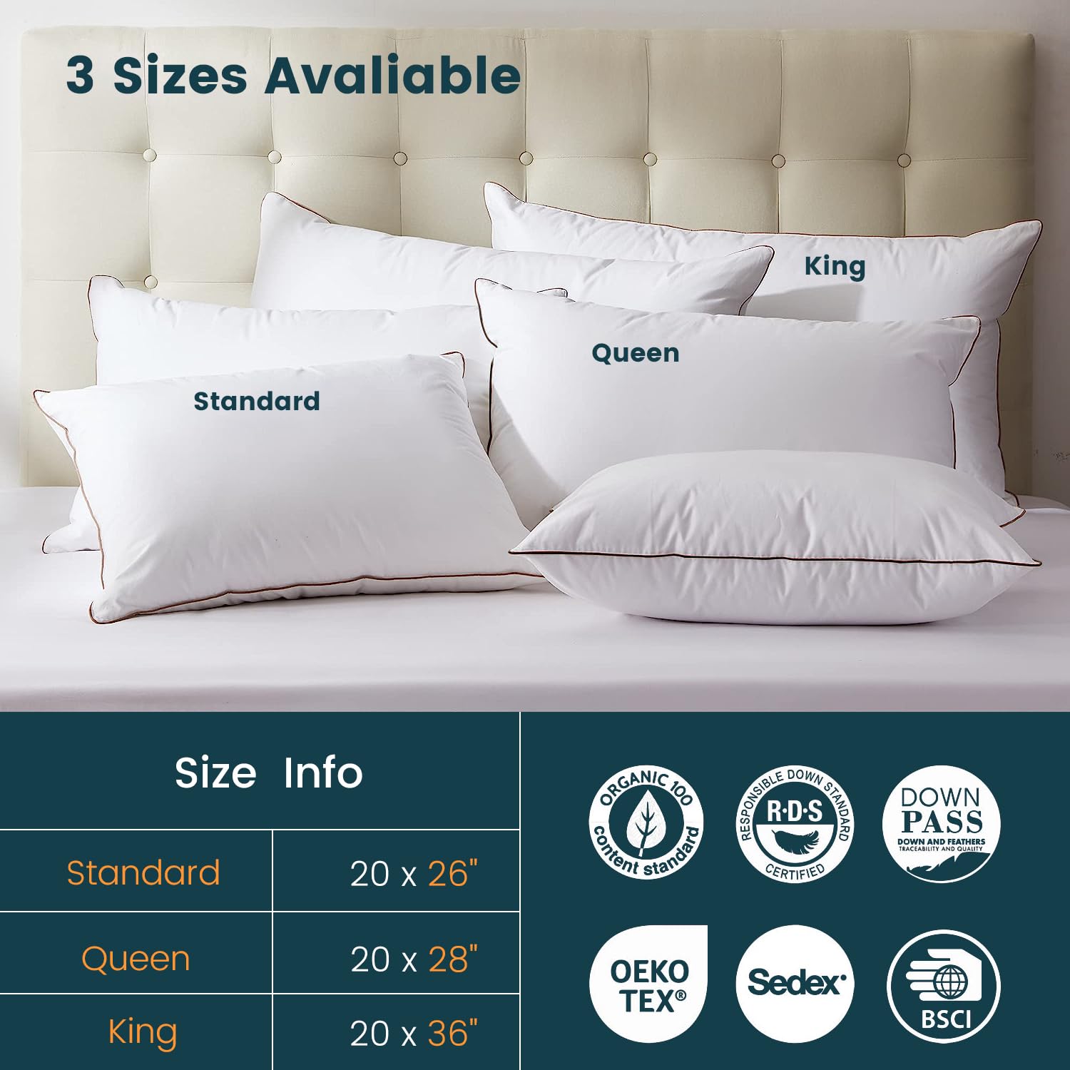 HYVIF Luxury Hungarian Goose Down Pillows - 750 Fill Power, 460 Thread Count Cotton Blend Shell - Soft Down Pillow for Sleeping - 1 Pack, Standard (20" x 26")