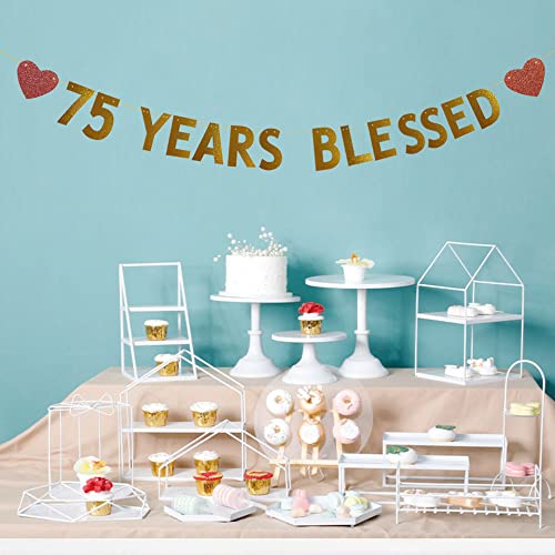 Betteryanzi Gold 75 Years Blessed Banner,Pre-strung,75th Birthday/Wedding Anniversary Party Decorations Supplies,Gold Glitter Paper Garlands Backdrops,Letters Gold 75 YEARS BLESSED