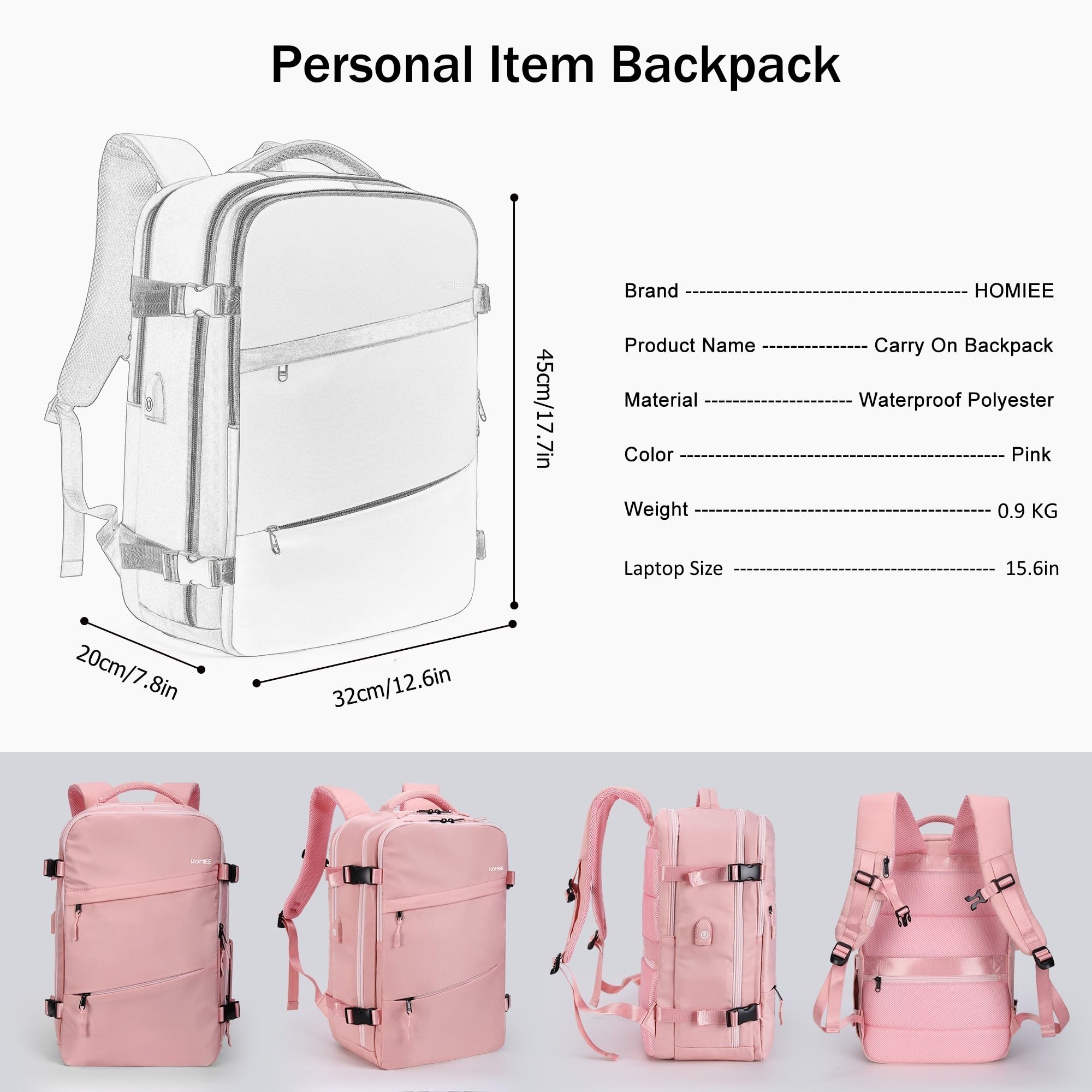 HOMIEE Travel Backpack for Women Airline Approved, 15.6 Inch Laptop Backpack Personal Item Size, Lightweight Carry On Nurse Bag, Pink