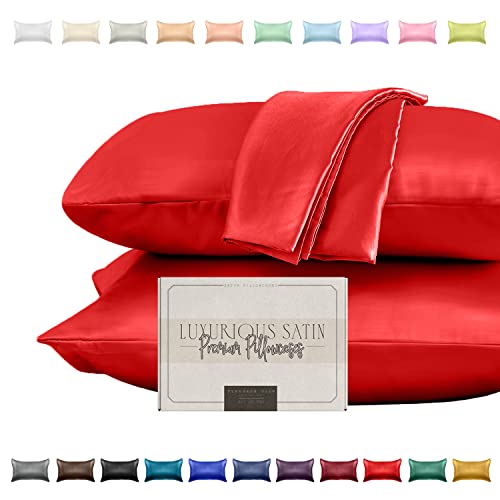 Elegant Comfort Silky and Luxurious 2-Piece Satin Pillowcase Set for Healthier Skin and Hair, Hidden Zipper Closure and Beautifully Packaged, Satin Pillowcase Set, Standard/Queen, Red