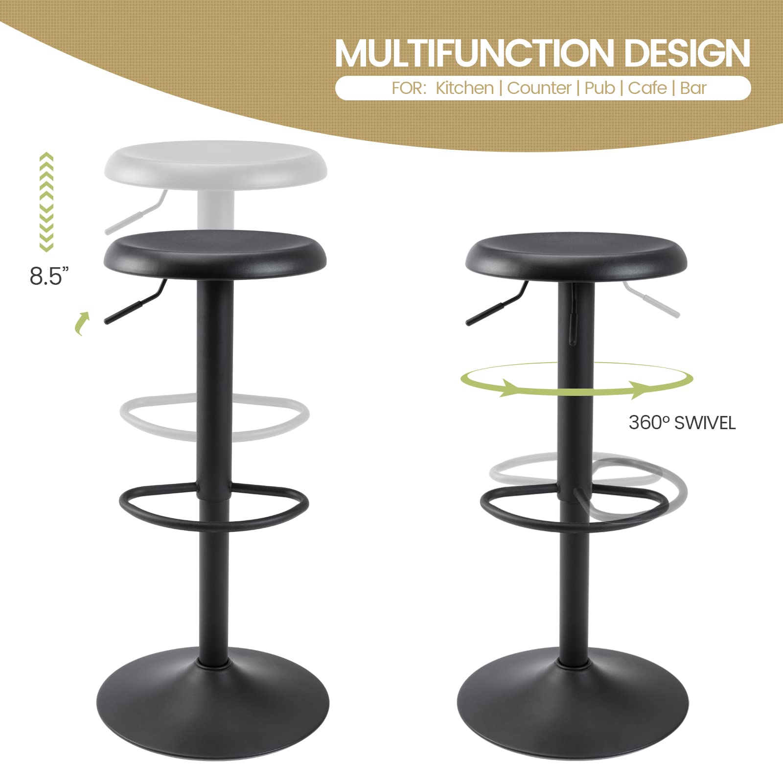 Brage Living Adjustable Bar Stool, Swivel Round Metal Airlift Barstool, Backless Counter Height Bar Chair for Kitchen Dining Room Pub Cafe, 1 pc (Black)