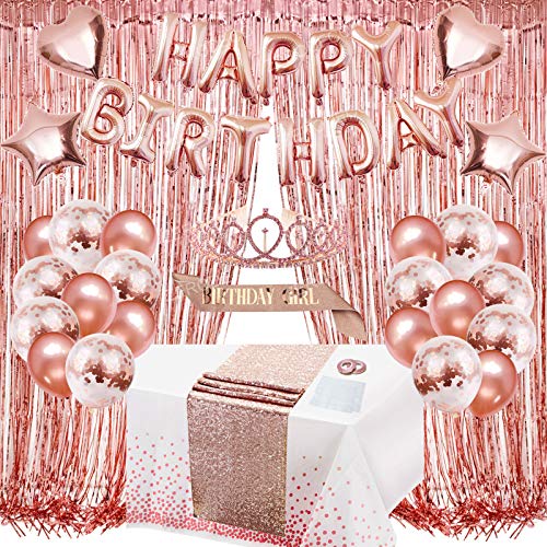 ZERODECO Rose Gold Birthday Party Decorations, Happy Birthday Banner, Glitter and White Table Runner, Sash, Queen Tiara, Fringe Curtains, Foil Confetti Balloon Party Decorations for Girls and Women