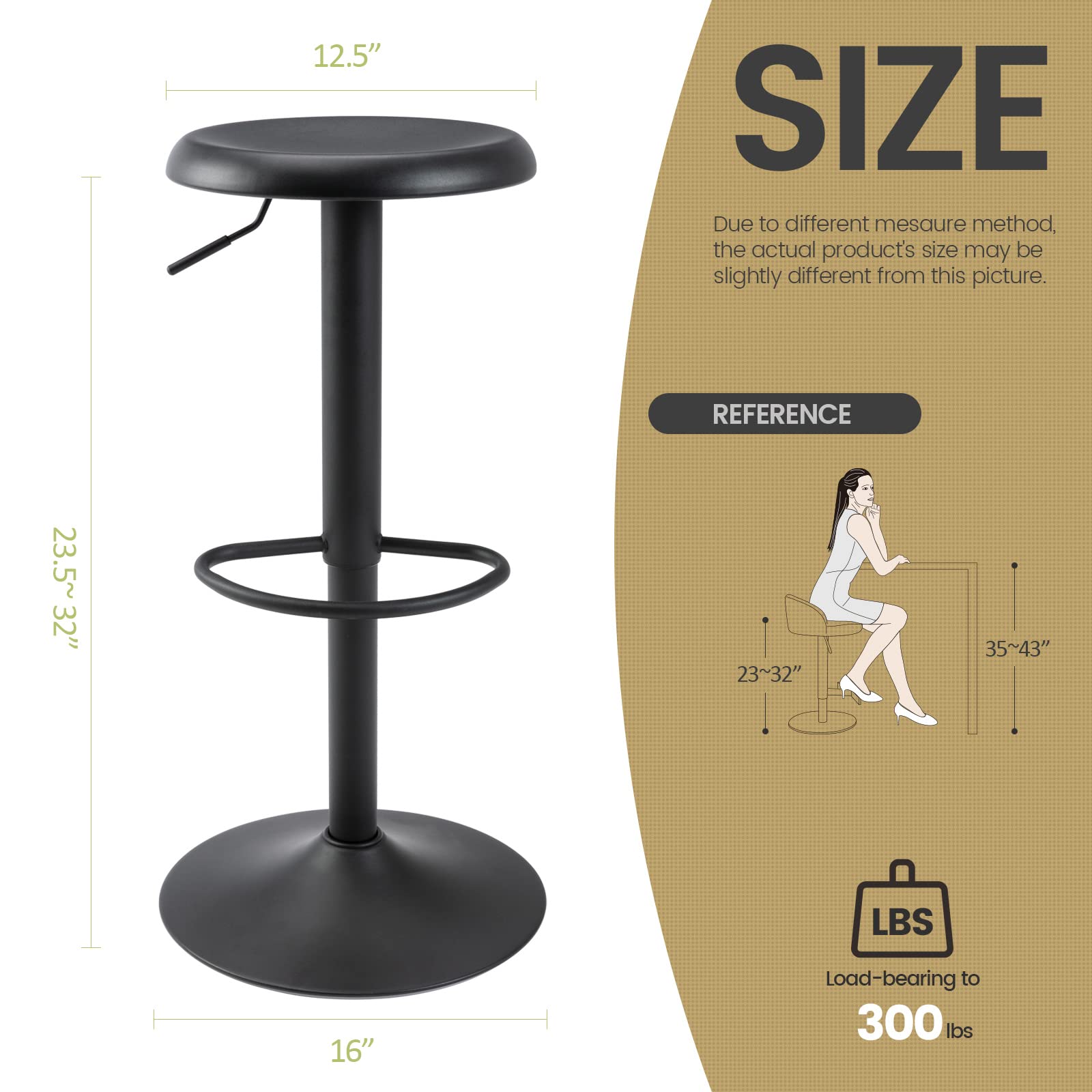 Brage Living Adjustable Bar Stool, Swivel Round Metal Airlift Barstool, Backless Counter Height Bar Chair for Kitchen Dining Room Pub Cafe, 1 pc (Black)