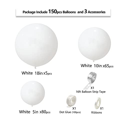 SANERYI White Balloons Garland Arch Kit (Pack of 150) Matte Latex Balloon Different Sizes for Wedding Baby Shower Decorations (18 10 5 Inch)