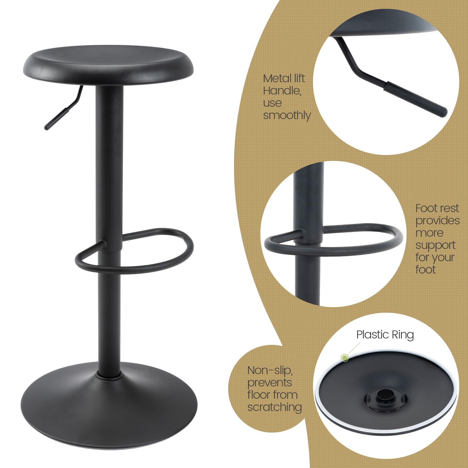 Brage Living Adjustable Bar Stool, Swivel Round Metal Airlift Barstool, Backless Counter Height Bar Chair for Kitchen Dining Room Pub Cafe, 1 pc (Black)