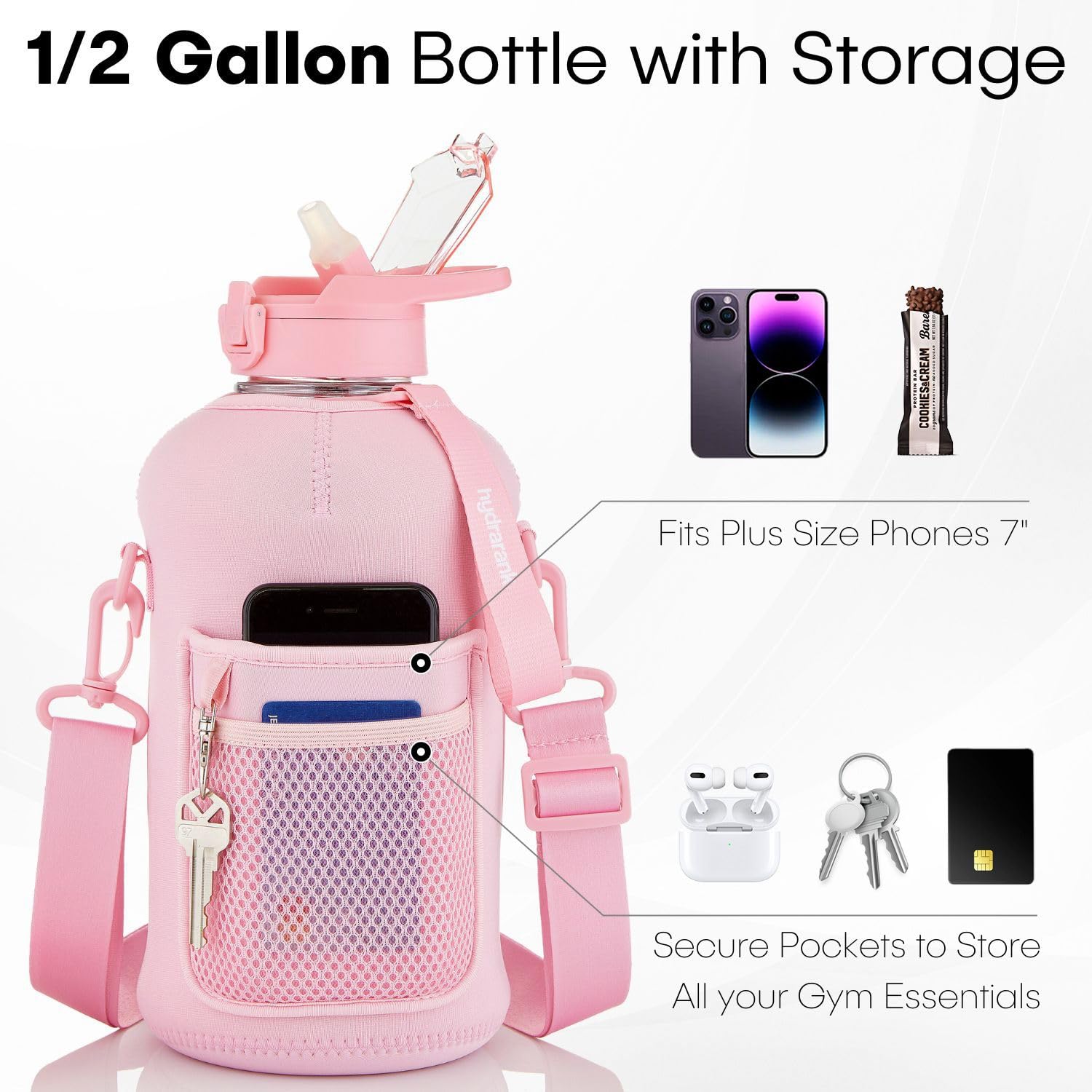 HYDRARANK Half Gallon Water Bottle with Storage Sleeve and Straw Lid - BPA Free Large Gym Water Bottles for Women - Leak Proof - Reusable Pink Water Jug with Strap, Handle (74 Ounce)