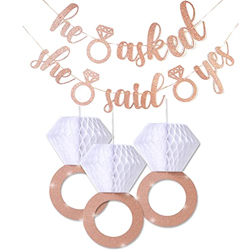 C L cooper life Engagement Party Decorations, Bridal Shower Supplies, He Asked She Said Yes Garland Rose Gold Glitter Diamond Rings (3pcs), Engaged Banner Rose Gold Glitter Letters for Engagement