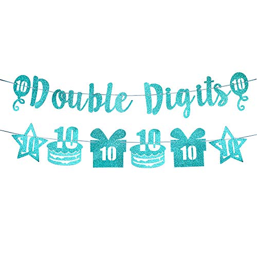 Excelloon Double Digits Banner 10th Birthday Decorations - Green Glitter Ten Years Old Birthday Banner Cake Gift Star Decorations - Happy 10 Year Old Birthday Party Supplies