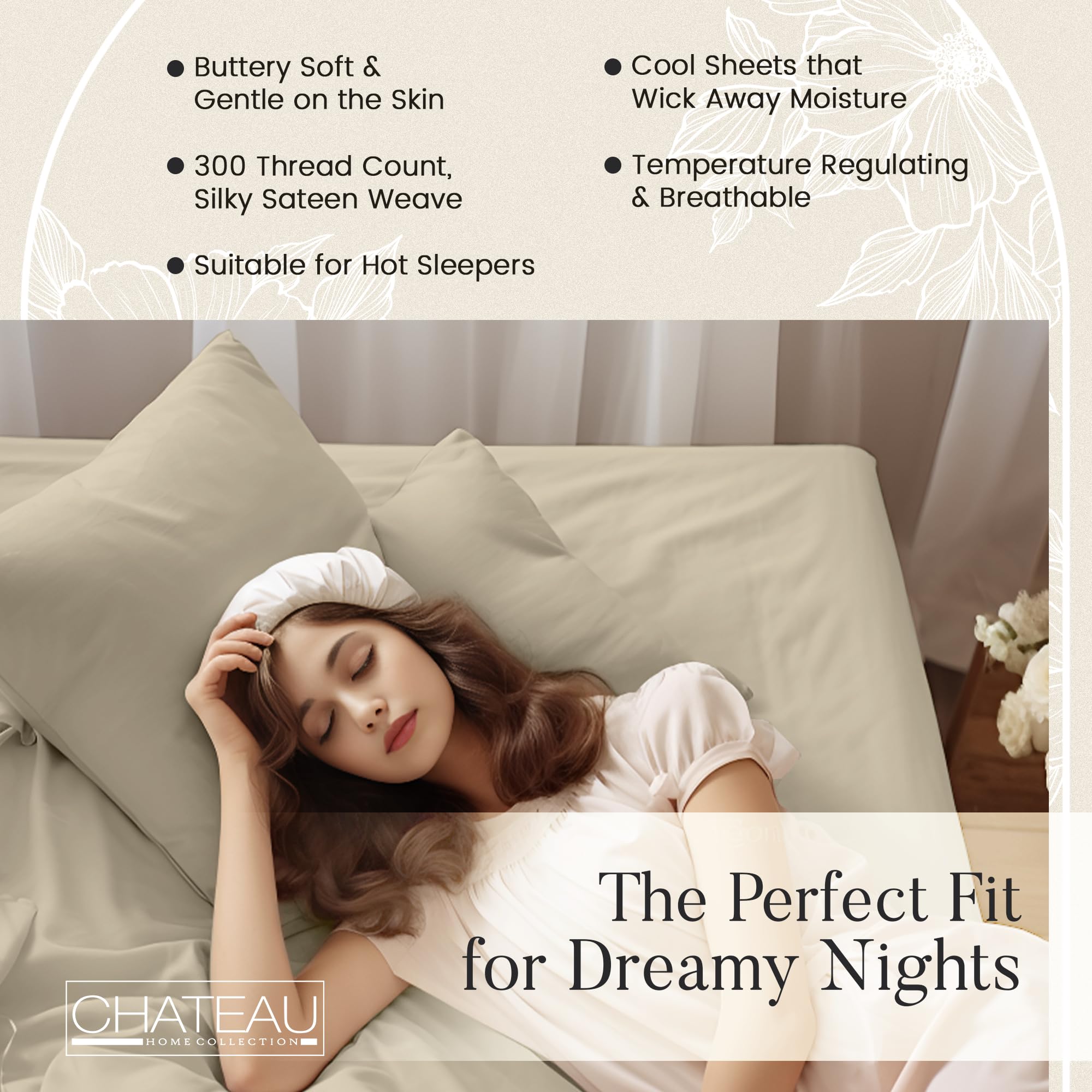 100% Organic Cotton Queen Sheet Set & Standard Pillowcases Set of 2 Combo- 300 Thread Count Long Staple Cotton Sheets,3 Pc Queen Size Sheets & Standard Pillowcases, Sateen Sheets, Breathable - Tan
