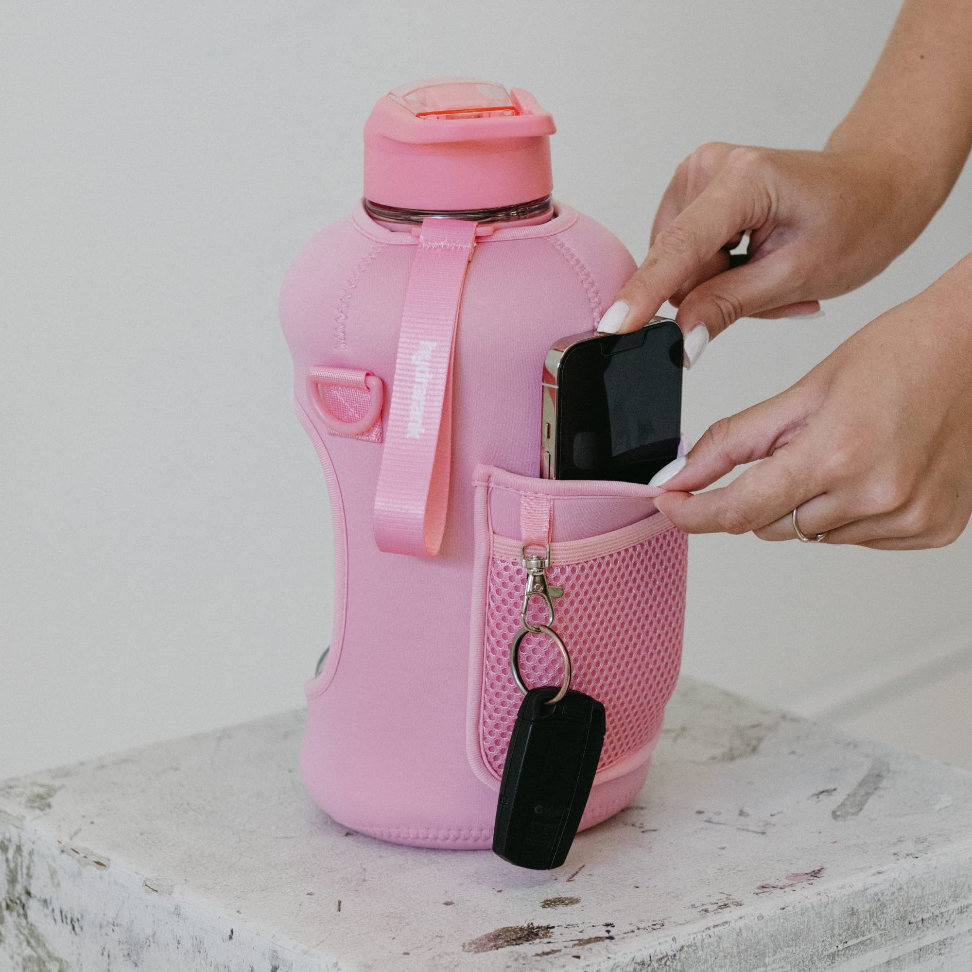 HYDRARANK Half Gallon Water Bottle with Storage Sleeve and Straw Lid - BPA Free Large Gym Water Bottles for Women - Leak Proof - Reusable Pink Water Jug with Strap, Handle (74 Ounce)
