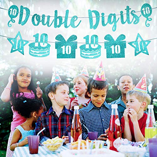 Excelloon Double Digits Banner 10th Birthday Decorations - Green Glitter Ten Years Old Birthday Banner Cake Gift Star Decorations - Happy 10 Year Old Birthday Party Supplies