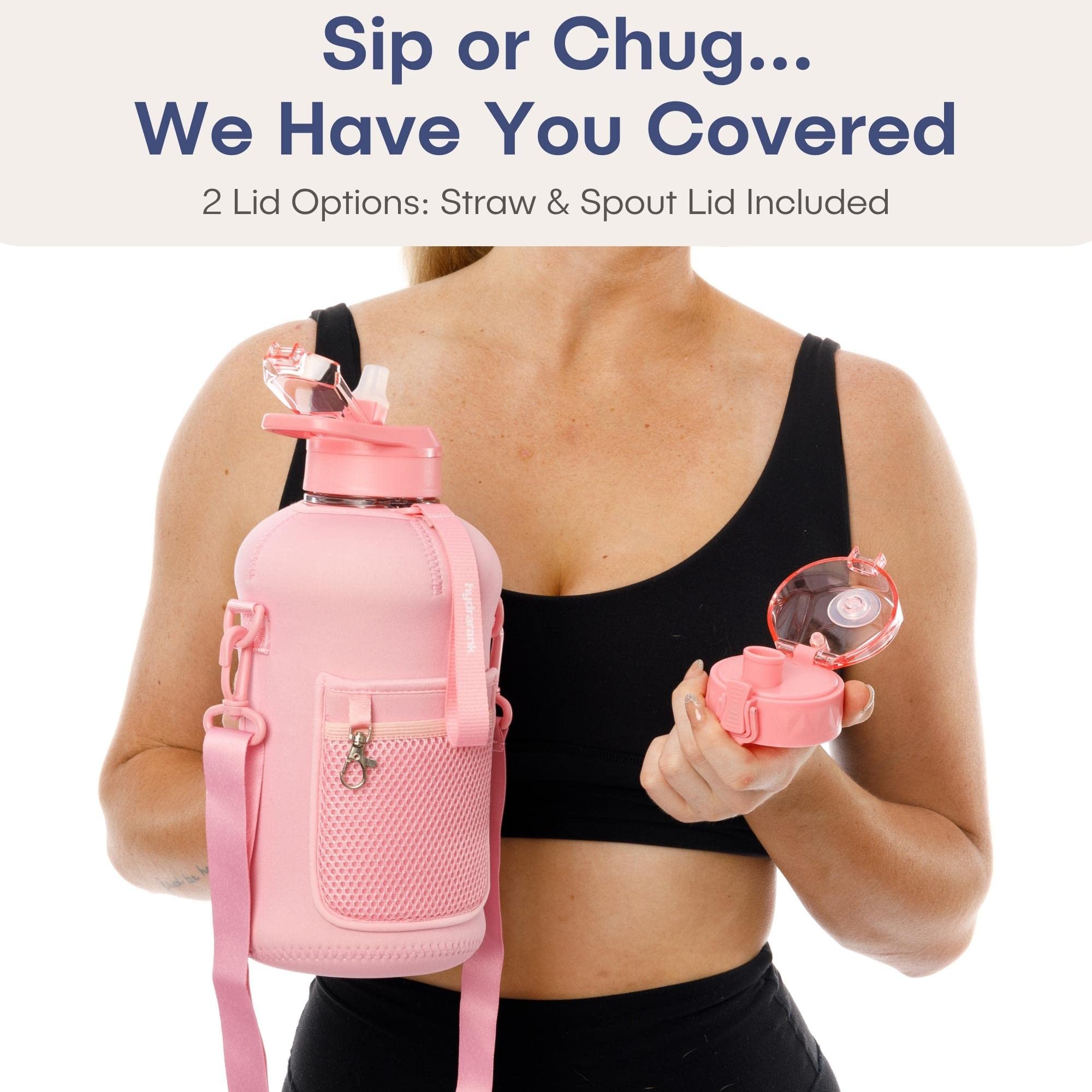 HYDRARANK Half Gallon Water Bottle with Storage Sleeve and Straw Lid - BPA Free Large Gym Water Bottles for Women - Leak Proof - Reusable Pink Water Jug with Strap, Handle (74 Ounce)