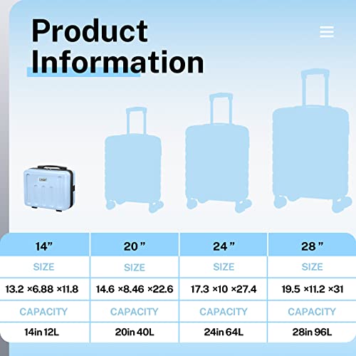 AnyZip Cosmetic Travel Case Hard Shell Portable Small Makeup Suitcase Hand Luggage Carrying Bag 14Inch LightBlue
