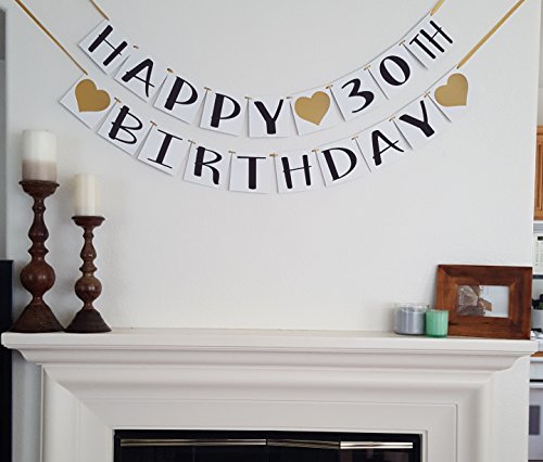 Happy 30th Birthday Banner - Gold Hearts and Ribbon - Birthday Decorations