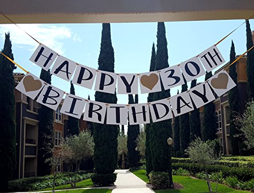 Happy 30th Birthday Banner - Gold Hearts and Ribbon - Birthday Decorations