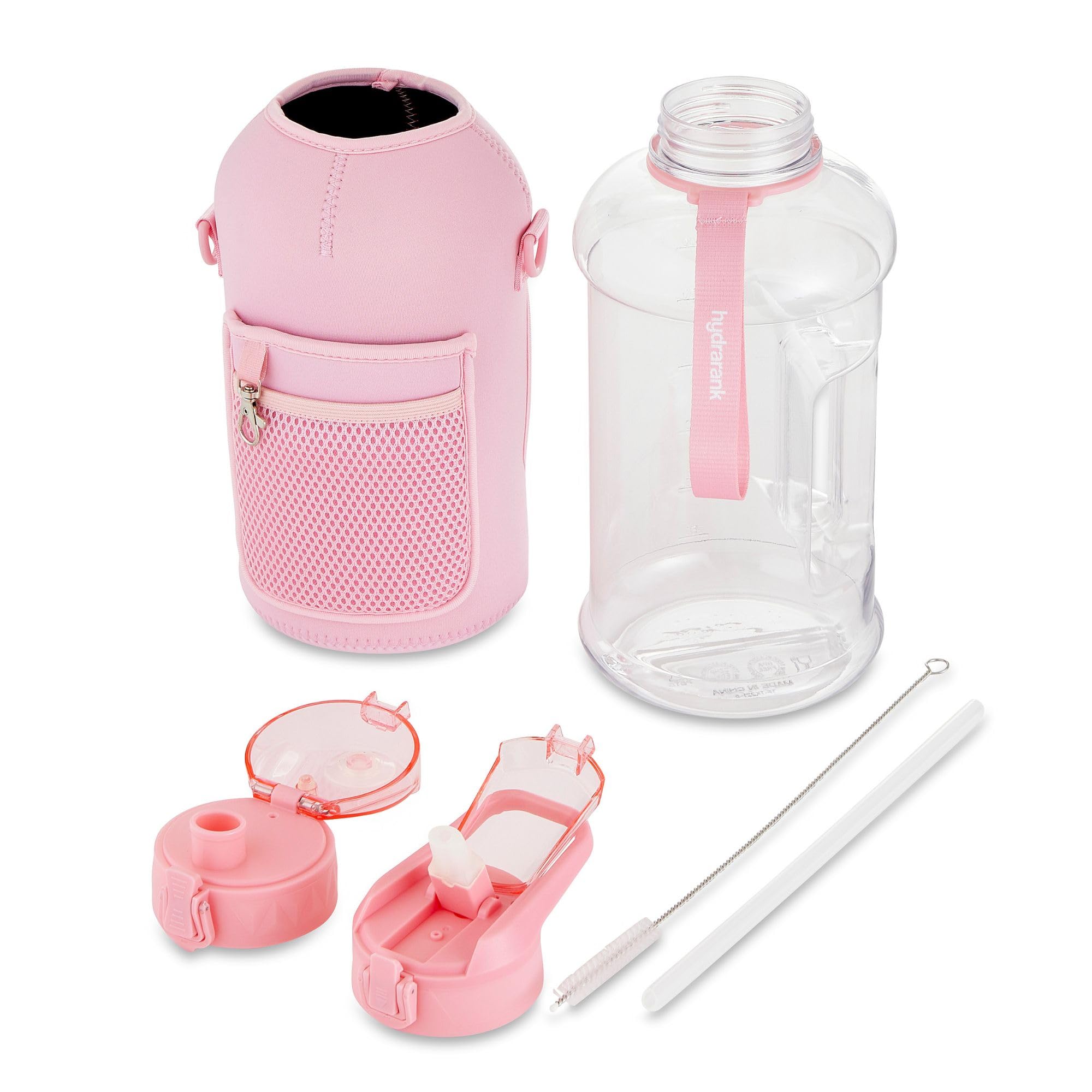 HYDRARANK Half Gallon Water Bottle with Storage Sleeve and Straw Lid - BPA Free Large Gym Water Bottles for Women - Leak Proof - Reusable Pink Water Jug with Strap, Handle (74 Ounce)
