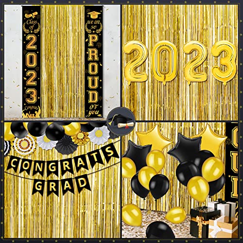 2023 Graduation Party Decorations, Black & Gold Graduation Decor Kits Include Banners and Balloons, Ideal Congrats Grad Decorations For High School, College