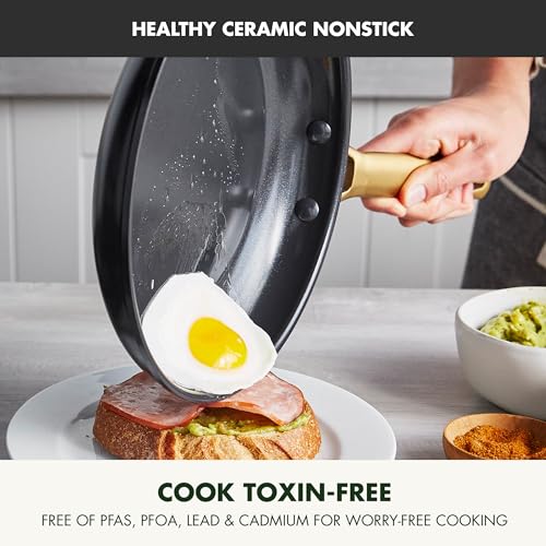 GreenPan Reserve Hard Anodized Healthy Ceramic Nonstick, 8" 10" and 12" 3 Piece Frying Pan Skillet Set, Gold Handle, PFAS-Free, Dishwasher Safe, Oven Safe, Black