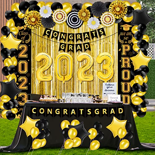 2023 Graduation Party Decorations, Black & Gold Graduation Decor Kits Include Banners and Balloons, Ideal Congrats Grad Decorations For High School, College
