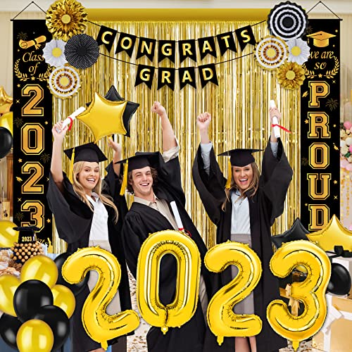 2023 Graduation Party Decorations, Black & Gold Graduation Decor Kits Include Banners and Balloons, Ideal Congrats Grad Decorations For High School, College