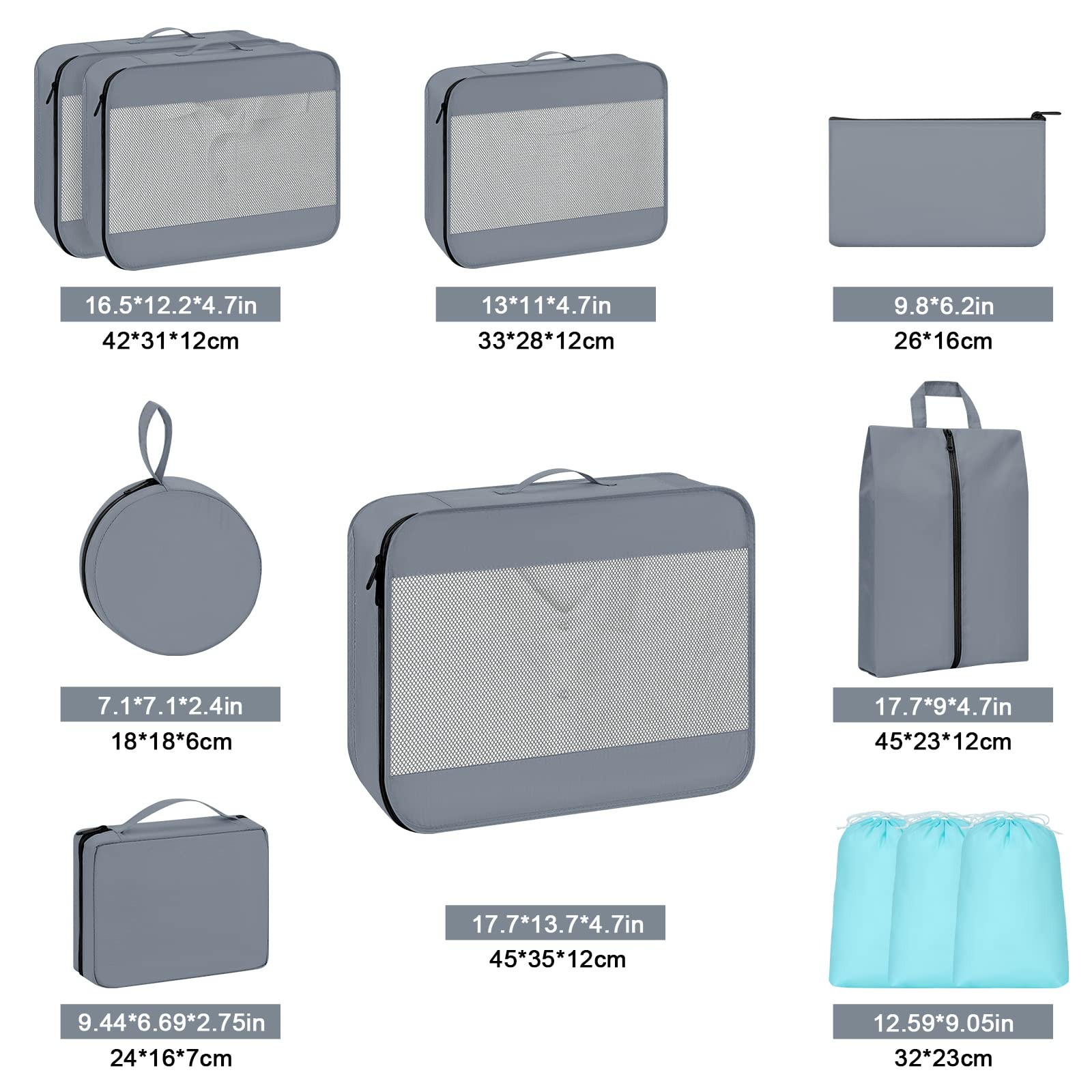 Packing Cubes for Travel 11 Sets of Packing Cubes for Suitcases, Travel Cubes Organizer, Luggage Organizer with Shoes Bag Underwear bag Electronics Bag(Grey)