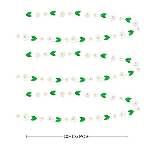 Pinkblume 30ft Felt Daisy Garland White Flowers Banner with Green Leaves Artificial Craft Fake Flowers Hanging Garland for Spring Decor Easter Day Wedding Party Bridal Shower Window Decorations