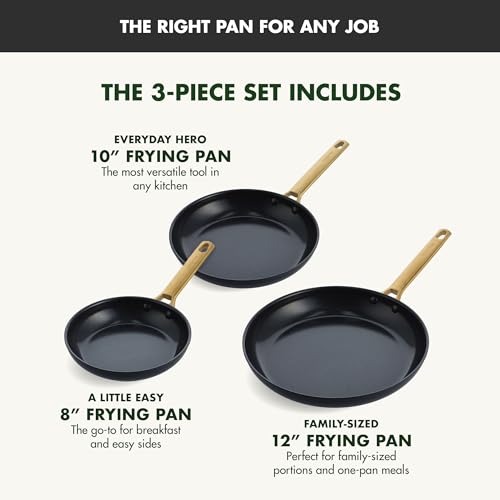 GreenPan Reserve Hard Anodized Healthy Ceramic Nonstick, 8" 10" and 12" 3 Piece Frying Pan Skillet Set, Gold Handle, PFAS-Free, Dishwasher Safe, Oven Safe, Black