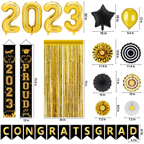 2023 Graduation Party Decorations, Black & Gold Graduation Decor Kits Include Banners and Balloons, Ideal Congrats Grad Decorations For High School, College