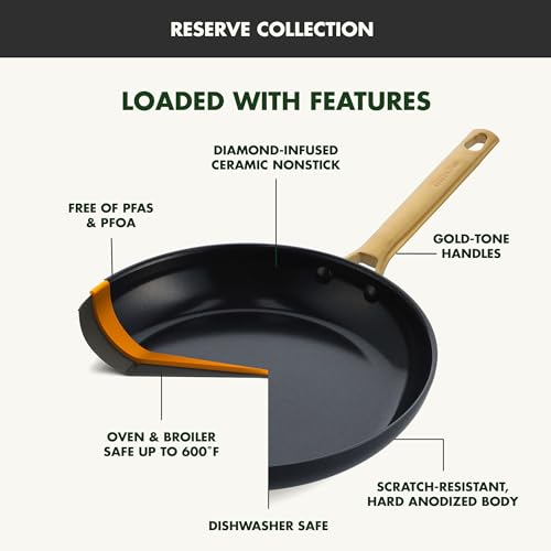 GreenPan Reserve Hard Anodized Healthy Ceramic Nonstick, 8" 10" and 12" 3 Piece Frying Pan Skillet Set, Gold Handle, PFAS-Free, Dishwasher Safe, Oven Safe, Black