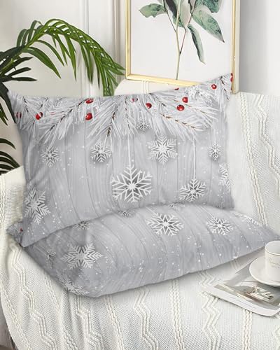 Hokiten Queen Size Pillow Covers Set of 2 - Silver Christmas, Microfiber Soft Pillowcases with Envelop Closure, Farmhouse Snowflake Pine Woodgrain Lumbar Pillow Cover for Sofa/Couch, 20x30 Inches