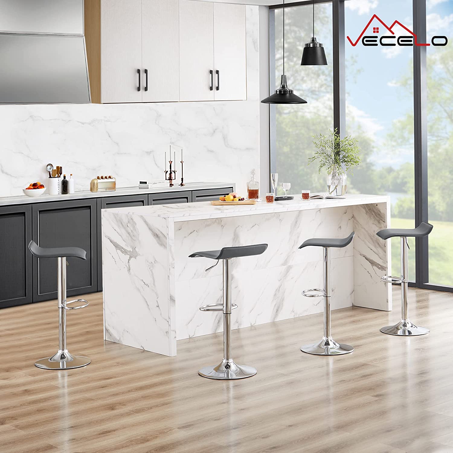 VECELO Bar Stools Set of 2, Swivel Bar Chairs, Counter Bar Stools with Height-Adjustable, Modern Armless PVC Stools for Kitchen/Island/Bar/Dining Room/Party, Dark Grey