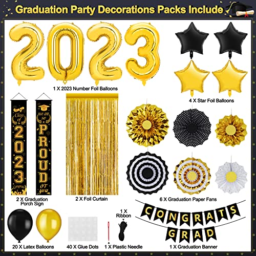 2023 Graduation Party Decorations, Black & Gold Graduation Decor Kits Include Banners and Balloons, Ideal Congrats Grad Decorations For High School, College
