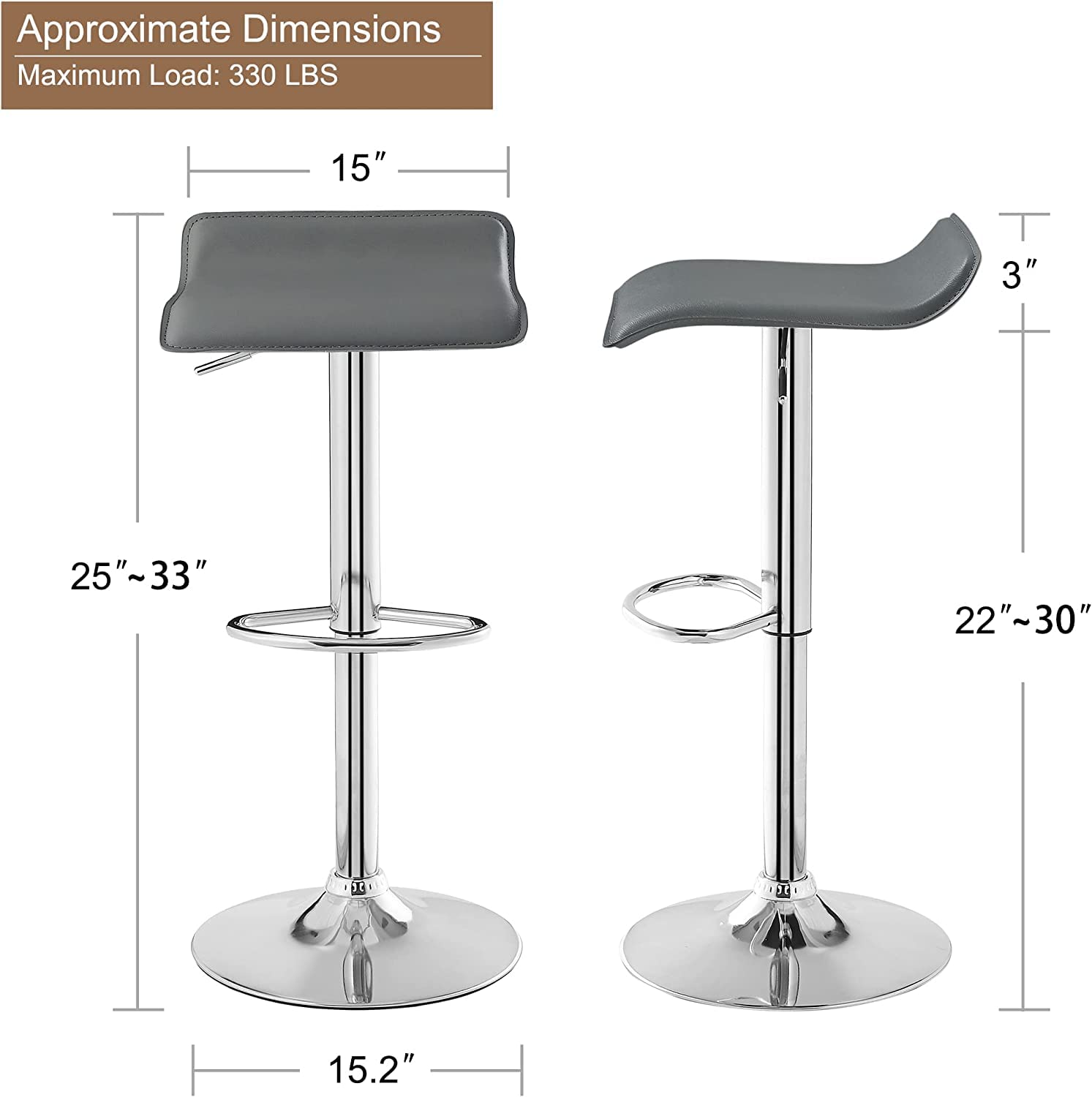 VECELO Bar Stools Set of 2, Swivel Bar Chairs, Counter Bar Stools with Height-Adjustable, Modern Armless PVC Stools for Kitchen/Island/Bar/Dining Room/Party, Dark Grey