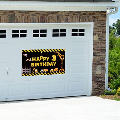 Joyiou Construction Theme Happy 3rd Birthday Decorations Backdrop Banner for Boy Kids, Three Years Old Yellow Black Dump Truck Birthday Party Excavator Crane Sign Supplies Photo Booth Props (5* 3 ft)