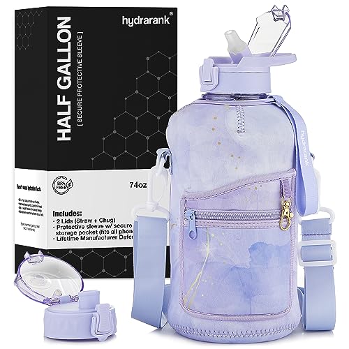 HYDRARANK Half Gallon Water Bottle with Sleeve - BPA Free Gym Water Bottle with Straw and Spout Lid - Leak Proof - Reusable Large Water Jug with Strap, Handle for Daily Hydration (74 Ounce)