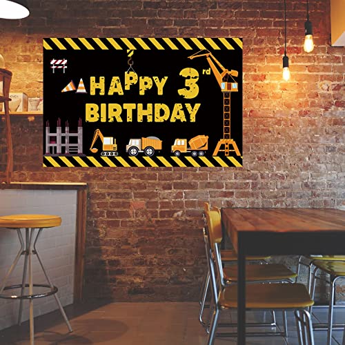 Joyiou Construction Theme Happy 3rd Birthday Decorations Backdrop Banner for Boy Kids, Three Years Old Yellow Black Dump Truck Birthday Party Excavator Crane Sign Supplies Photo Booth Props (5* 3 ft)