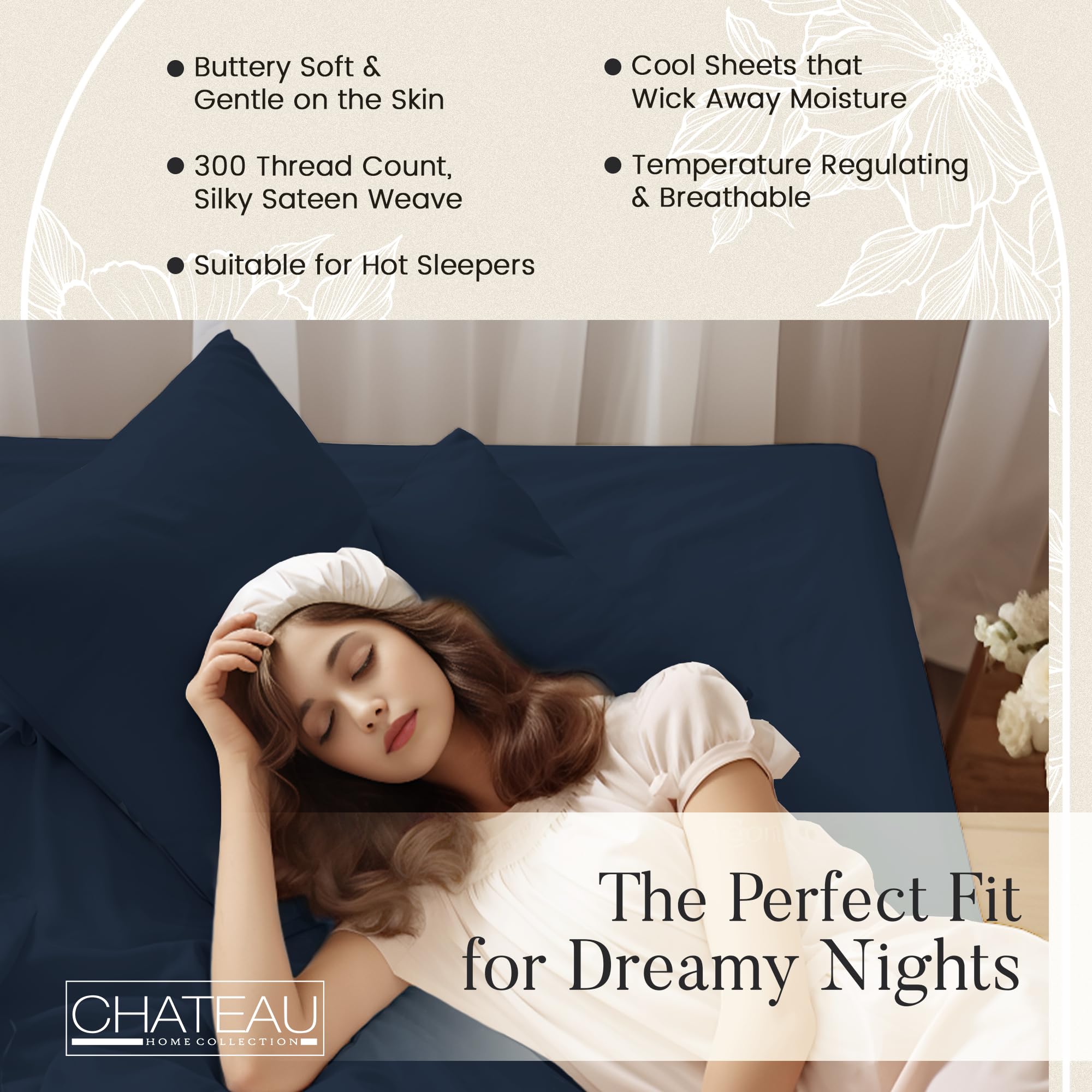 100% Organic Cotton Queen Sheet Set & Standard Pillowcases Set of 2 Combo- 300 Thread Count Long Staple Cotton Sheets,3 Pc Queen Size Sheets & Standard Pillowcases Sateen Sheets Breathable- Dark Denim