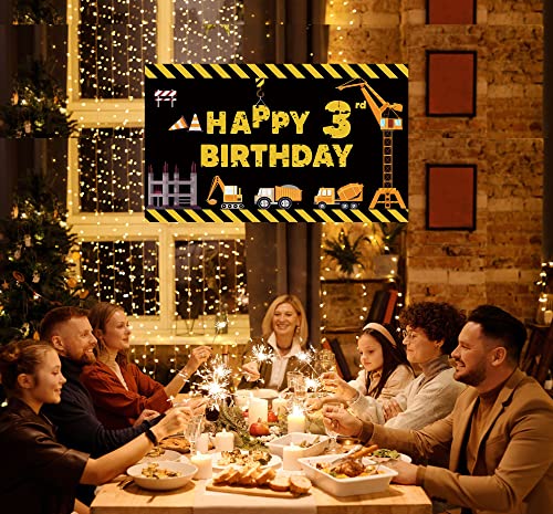 Joyiou Construction Theme Happy 3rd Birthday Decorations Backdrop Banner for Boy Kids, Three Years Old Yellow Black Dump Truck Birthday Party Excavator Crane Sign Supplies Photo Booth Props (5* 3 ft)