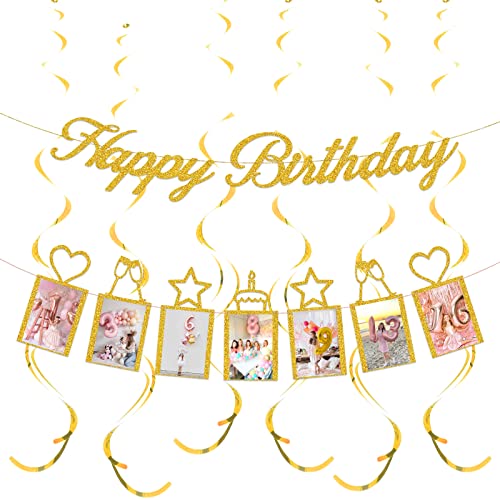 Concico Birthday decorations - Gold Happy Birthday Photo banner and Hanging Swirls of Birthday party decor(Gold)