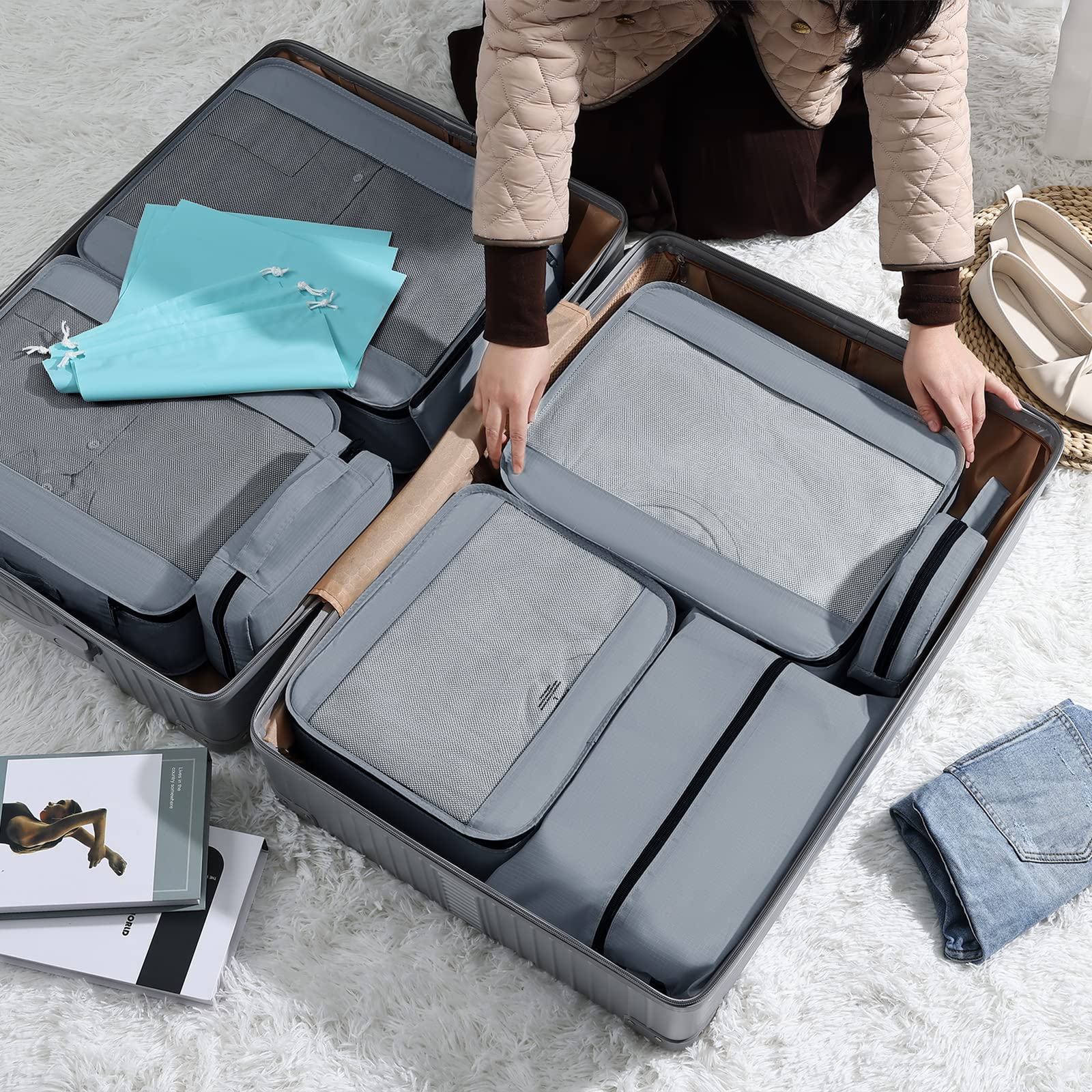 Packing Cubes for Travel 11 Sets of Packing Cubes for Suitcases, Travel Cubes Organizer, Luggage Organizer with Shoes Bag Underwear bag Electronics Bag(Grey)