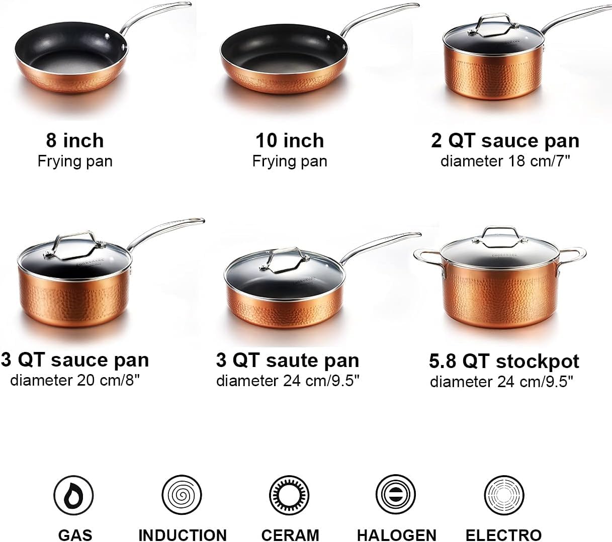 All in One Pan 10pcs Hammered Copper Pots and Pans Set Nonstick Cookware Set with Lids, Kitchen Cookware Set For All Stovetops, Induction Pot and Pan Set Dishwasher/Oven Safe, 100% Non Toxic
