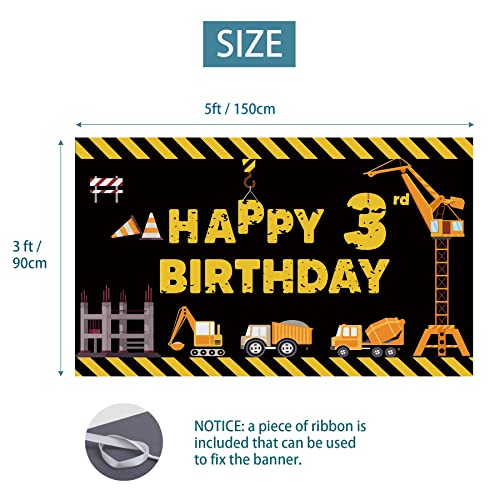 Joyiou Construction Theme Happy 3rd Birthday Decorations Backdrop Banner for Boy Kids, Three Years Old Yellow Black Dump Truck Birthday Party Excavator Crane Sign Supplies Photo Booth Props (5* 3 ft)