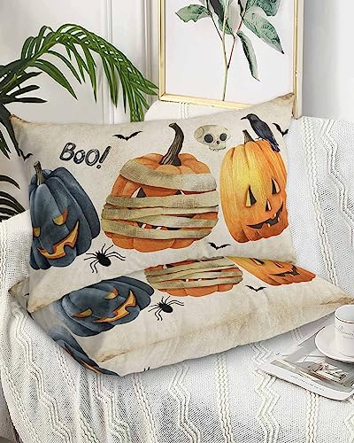 Edwiinsa Halloween Pillow Covers Standard Size Set of 2 Bed Pillow, Horror Orange Grey Pumpkin Bat Farmhouse Plush Soft Comfort for Hair/Skin Cooling Pillowcases with Envelop Closure 20''x26''
