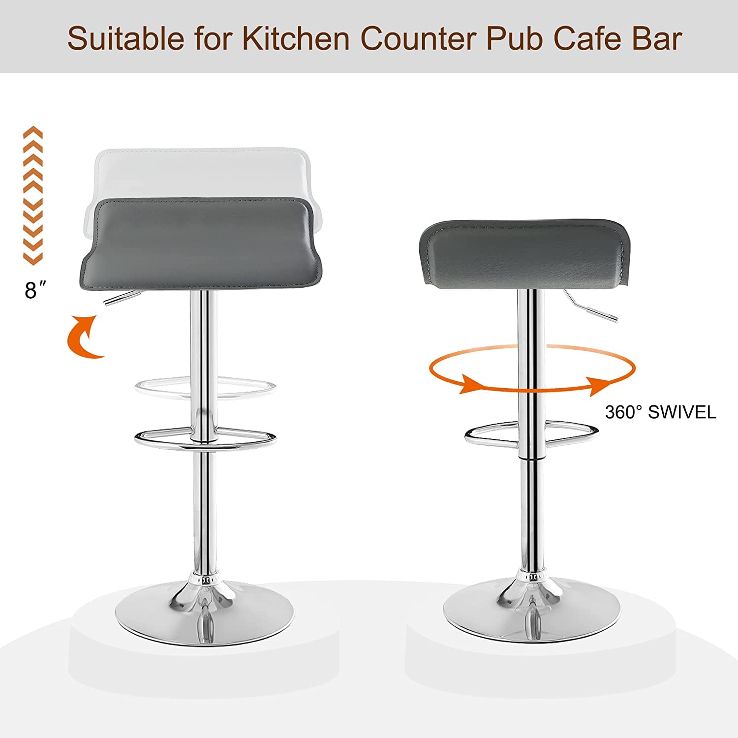 VECELO Bar Stools Set of 2, Swivel Bar Chairs, Counter Bar Stools with Height-Adjustable, Modern Armless PVC Stools for Kitchen/Island/Bar/Dining Room/Party, Dark Grey