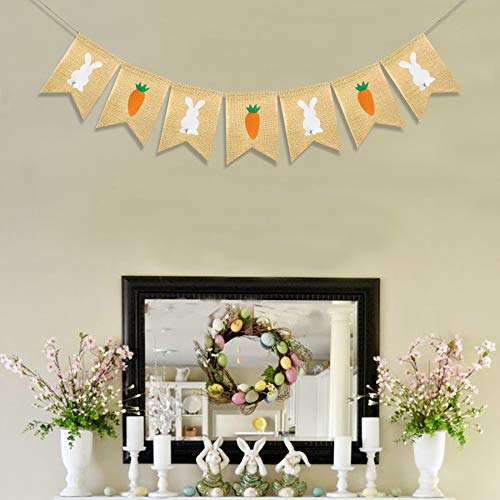 FAKTEEN Happy Easter Burlap Banner Decorations Rabbit & Carrot Hanging Bunting Garland for Spring Easter Party Décor Photo Booth Backdrop