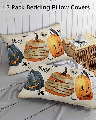 Edwiinsa Halloween Pillow Covers Standard Size Set of 2 Bed Pillow, Horror Orange Grey Pumpkin Bat Farmhouse Plush Soft Comfort for Hair/Skin Cooling Pillowcases with Envelop Closure 20''x26''