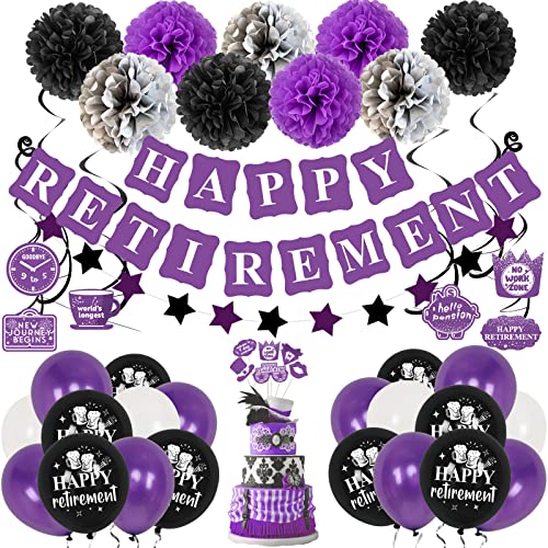 Retirement Party Decorations Purple Black, Xourspaty Retirement Decorations Supplies for Women Female Friends Happy Retirement Banner Latex Balloons with Hanging Swirls Paper Pompoms Cake Toppers Kit