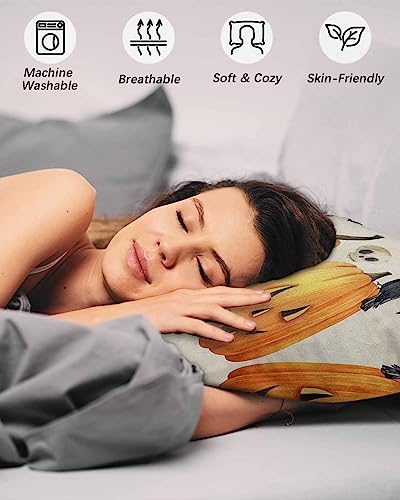 Edwiinsa Halloween Pillow Covers Standard Size Set of 2 Bed Pillow, Horror Orange Grey Pumpkin Bat Farmhouse Plush Soft Comfort for Hair/Skin Cooling Pillowcases with Envelop Closure 20''x26''