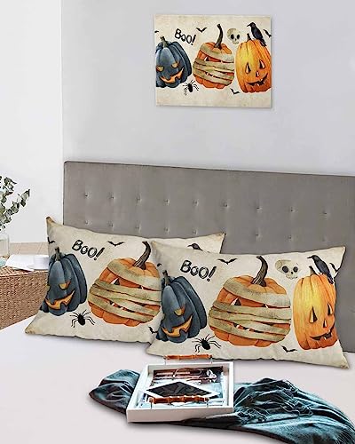 Edwiinsa Halloween Pillow Covers Standard Size Set of 2 Bed Pillow, Horror Orange Grey Pumpkin Bat Farmhouse Plush Soft Comfort for Hair/Skin Cooling Pillowcases with Envelop Closure 20''x26''